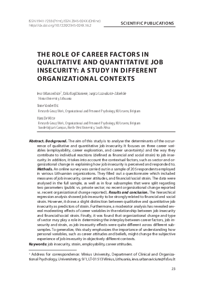 (PDF) The Role of Career Factors in Qualitative and Quantitative Job Insecurity: A Study in ...