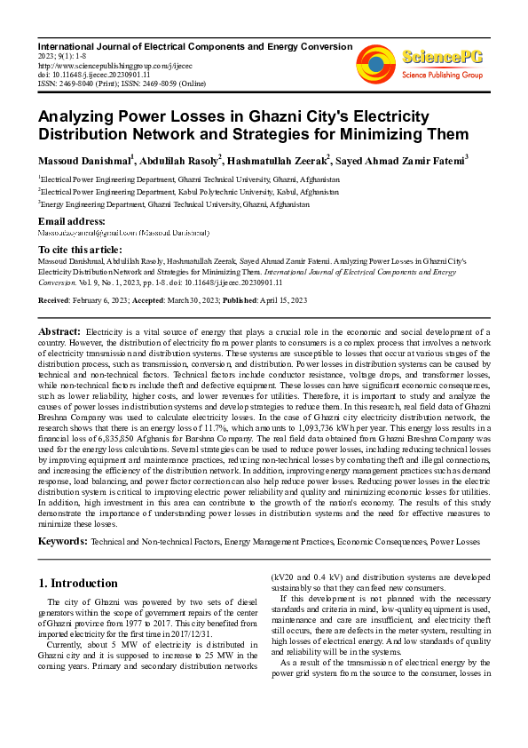 (PDF) Analyzing Power Losses in Ghazni City's Electricity Distribution Network and Strategies ...