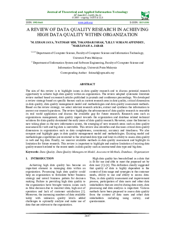 (PDF) A Review of Data Quality Research in Achieving High Data Quality ...