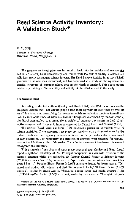 (PDF) Reed science activity inventory: A validation study