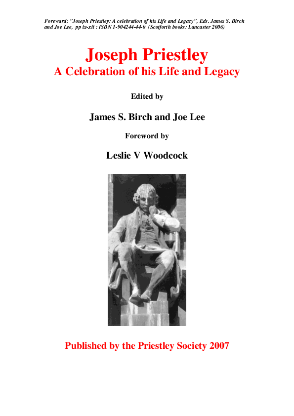 (PDF) Forward to Joseph Priestley: A Celebration of his Life and Legacy