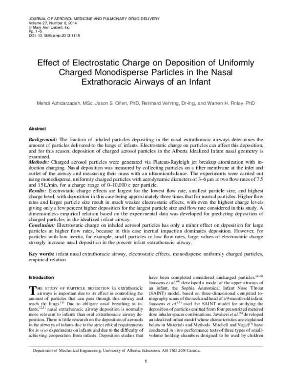 (PDF) Effect of Electrostatic Charge on Deposition of Uniformly Charged ...