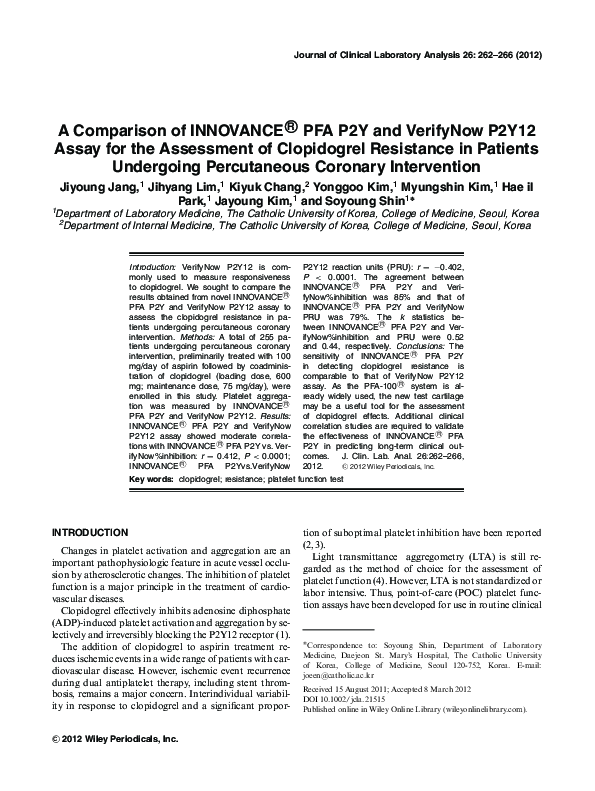 (PDF) A Comparison of INNOVANCE® PFA P2Y and VerifyNow P2Y12 Assay for ...