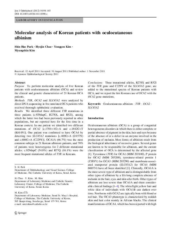 (PDF) Molecular analysis of Korean patients with oculocutaneous albinism