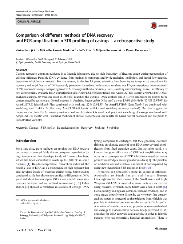 (PDF) Comparison of different methods of DNA recovery and PCR ...