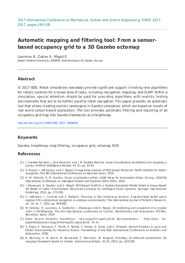 Pdf Automatic Mapping And Filtering Tool From A Sensor Based Occupancy Grid To A 3d Gazebo