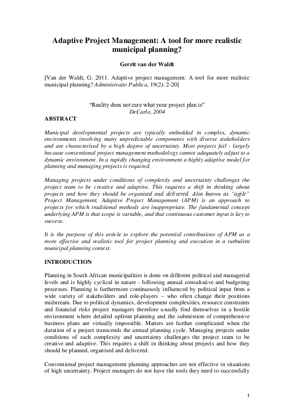 (PDF) Adaptive Project Management: A tool for more realistic municipal planning?