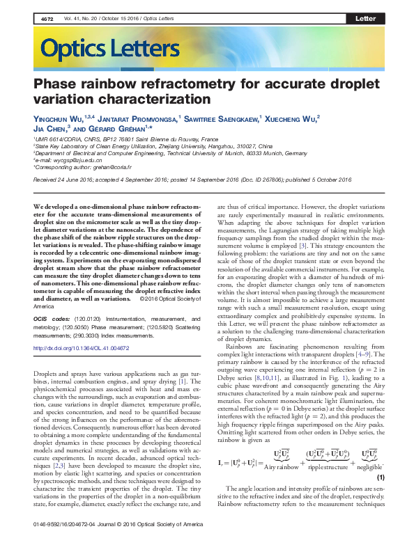 (PDF) Phase rainbow refractometry for accurate droplet variation ...