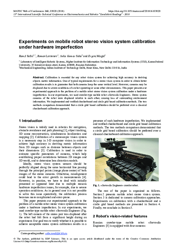 (PDF) Experiments on mobile robot stereo vision system calibration under hardware imperfection ...