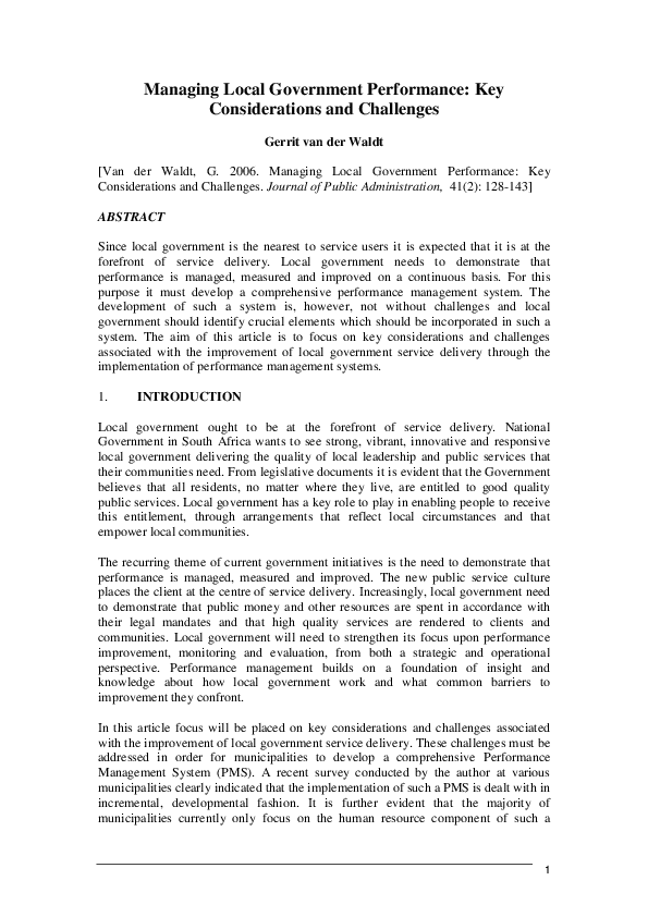 Pdf Managing Local Government Performance Key Considerations And Challenges