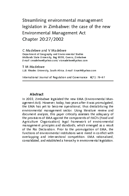 (PDF) Streamlining environmental management legislation in Zimbabwe ...