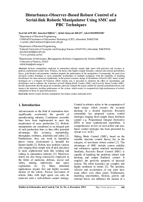 (PDF) Disturbance-Observer-Based Robust Control of a Serial-link Robotic Manipulator Using SMC ...
