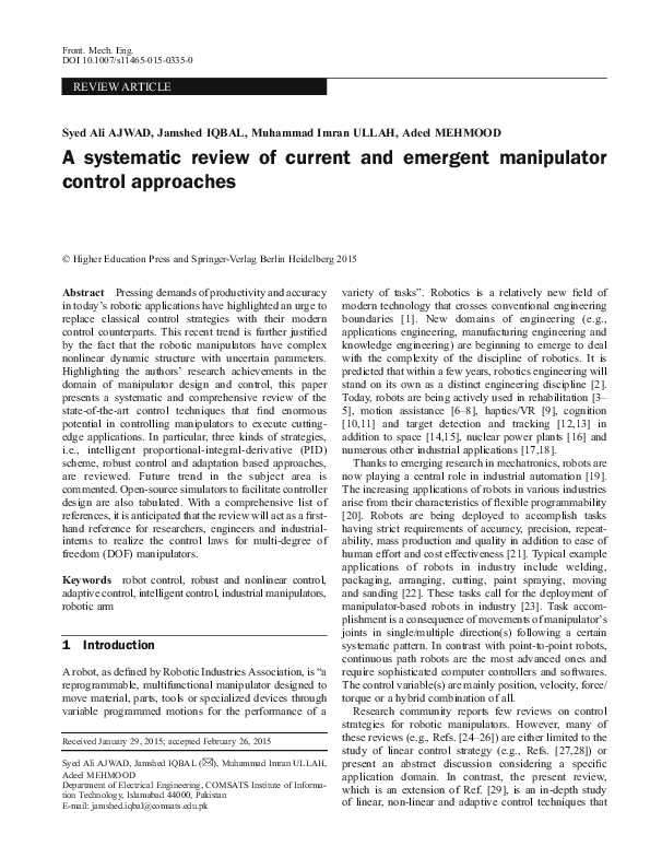 (PDF) A systematic review of current and emergent manipulator control approaches