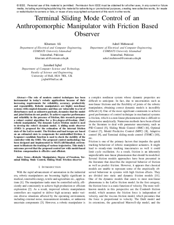(PDF) Terminal Sliding Mode Control of an Anthropomorphic Manipulator with Friction Based Observer