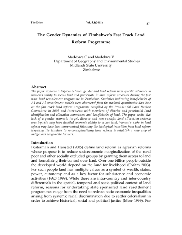(PDF) The gender dynamics of Zimbabwe s fast track land reform programme