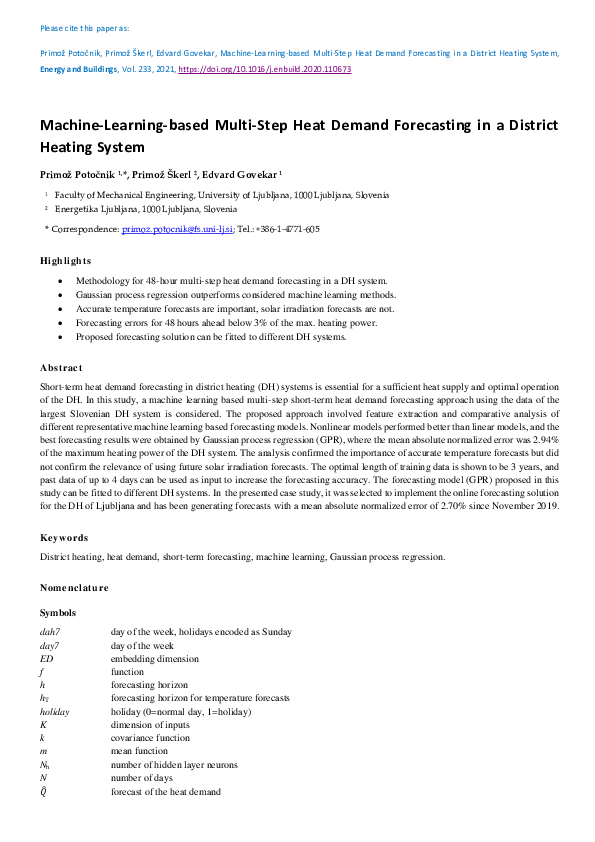 (PDF) Machine-learning-based multi-step heat demand forecasting in a district heating system