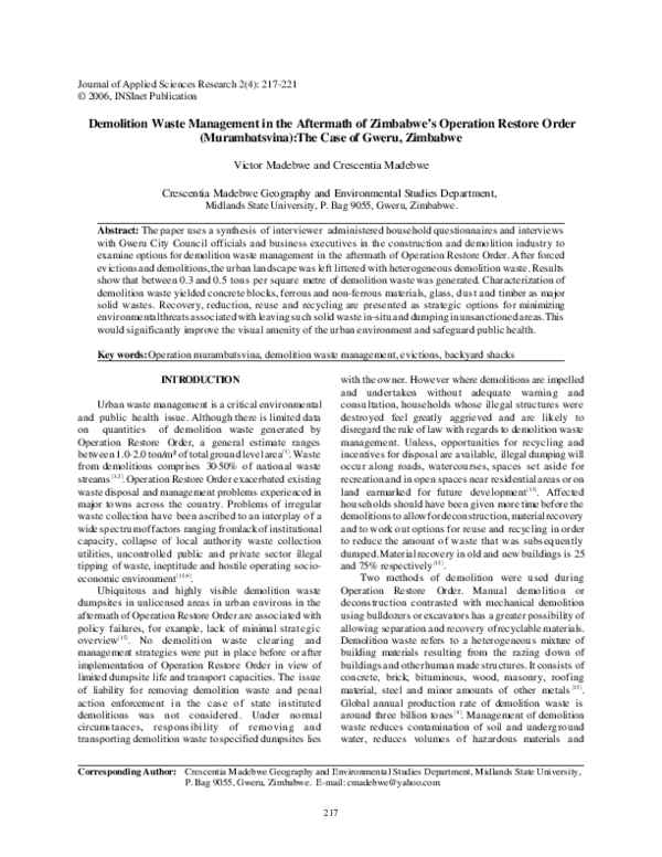 (PDF) Demolition Waste Management in the Aftermath of Zimbabwe's ...