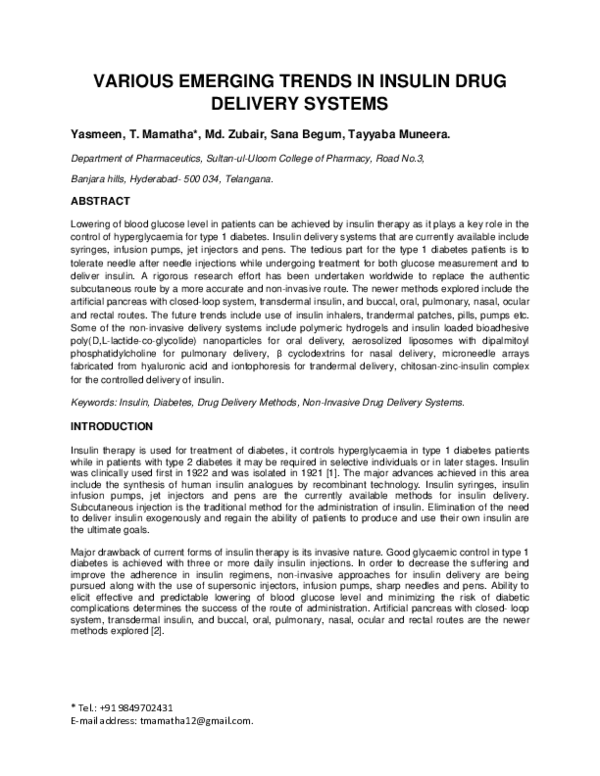 (PDF) Various Emerging Trends in Insulin Drug Delivery Systems