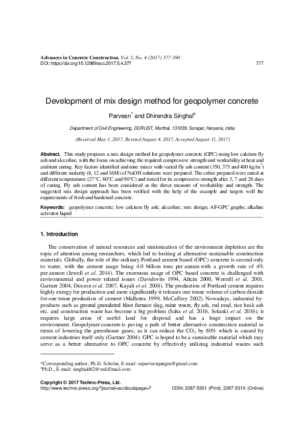 (PDF) Development of mix design method for geopolymer concrete