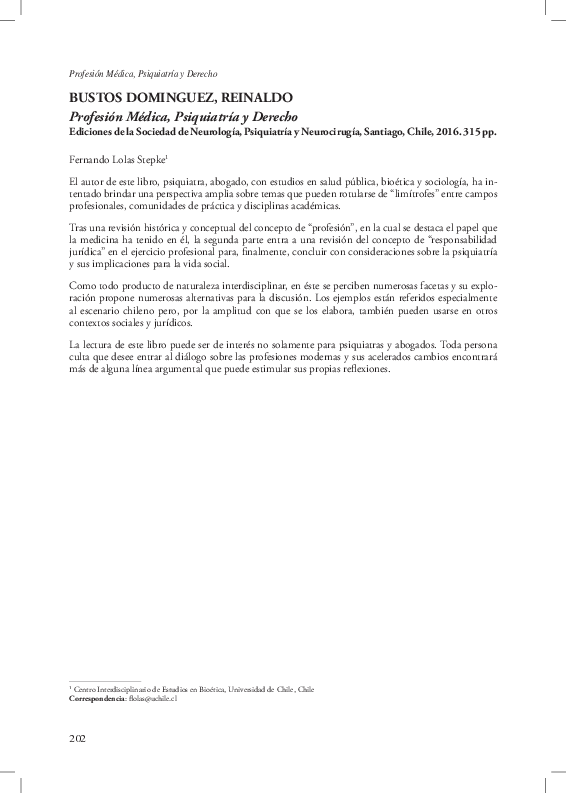 (PDF) BUSTOS DOMINGUEZ, REINALDO. Profesión Médica, Psiquiatría y Derecho
