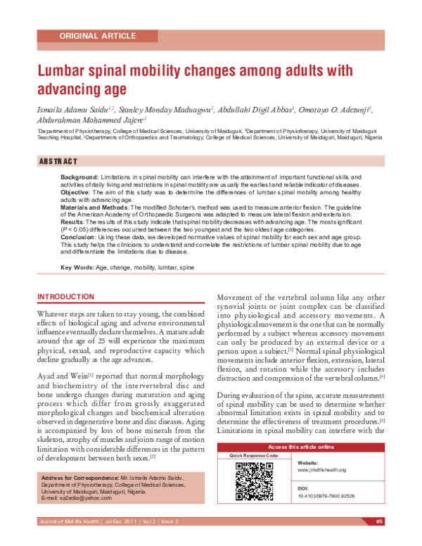 (PDF) Lumbar spinal mobility changes among adults with advancing age