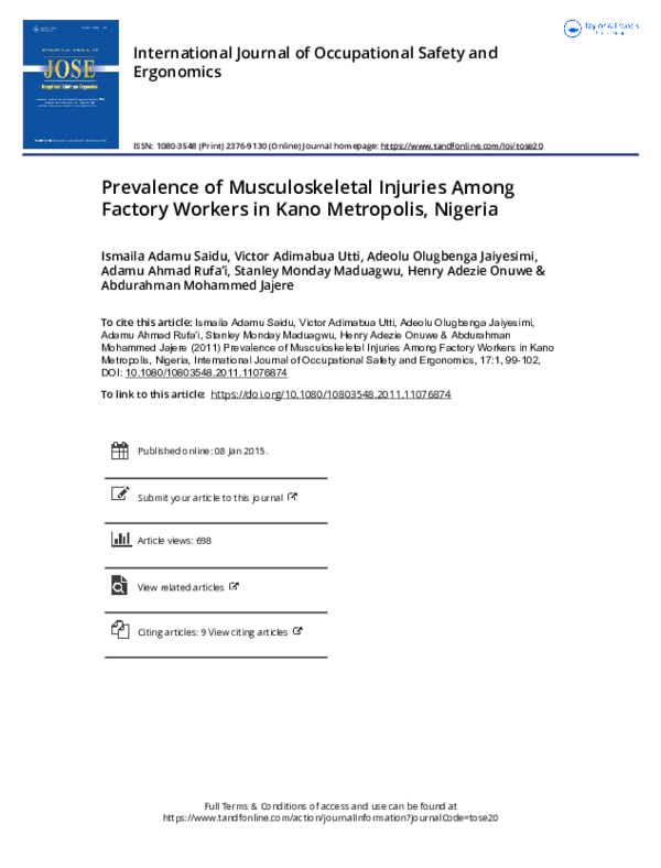 (PDF) Prevalence of musculoskeletal injuries among factory workers in ...