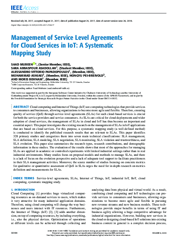 (PDF) Management of Service Level Agreements for Cloud Services in IoT ...