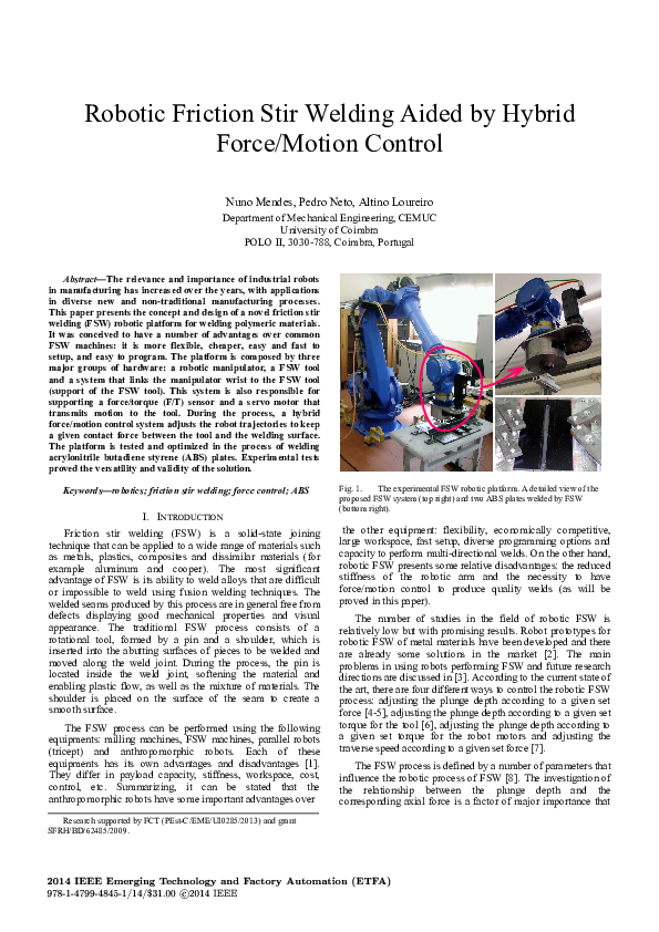 (PDF) Robotic friction stir welding aided by hybrid force/motion control