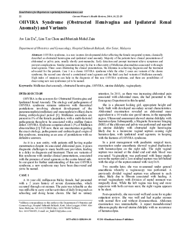 (PDF) OHVIRA Syndrome (Obstructed Hemivagina and Ipsilateral Renal ...