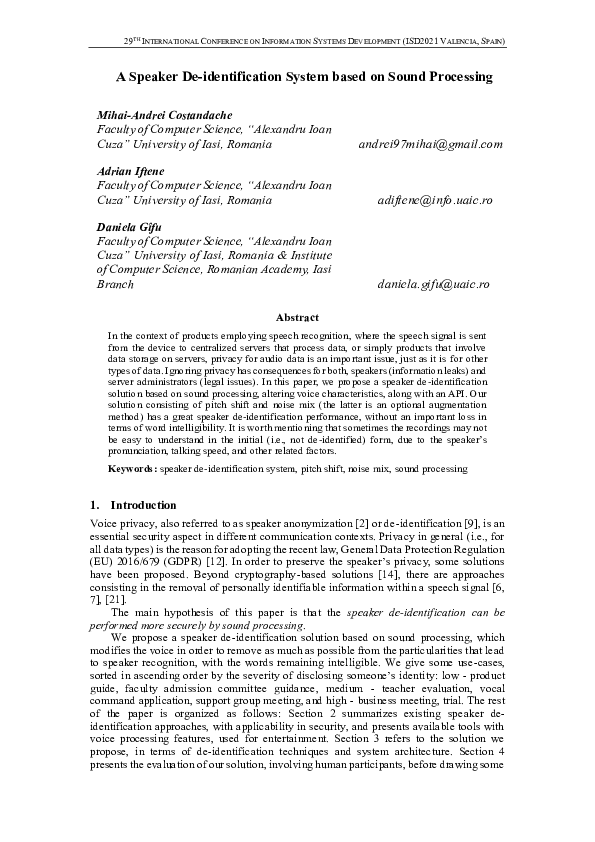 (PDF) A Speaker De-Identification System Based on Sound Processing