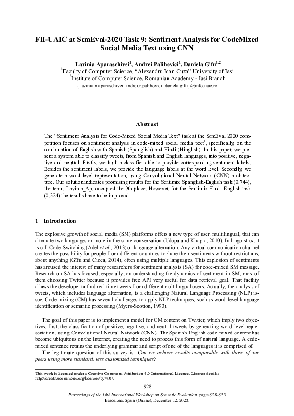 (PDF) FII-UAIC at SemEval-2020 Task 9: Sentiment Analysis for Code-Mixed Social Media Text Using CNN
