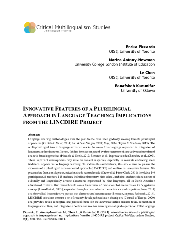 (PDF) Innovative Features of a Plurilingual Approach in Language Teaching