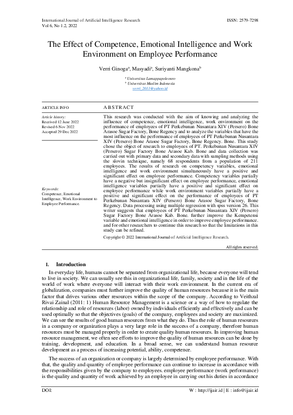 (PDF) The Effect of Competence, Emotional Intelligence and Work Environment on Employee Performance