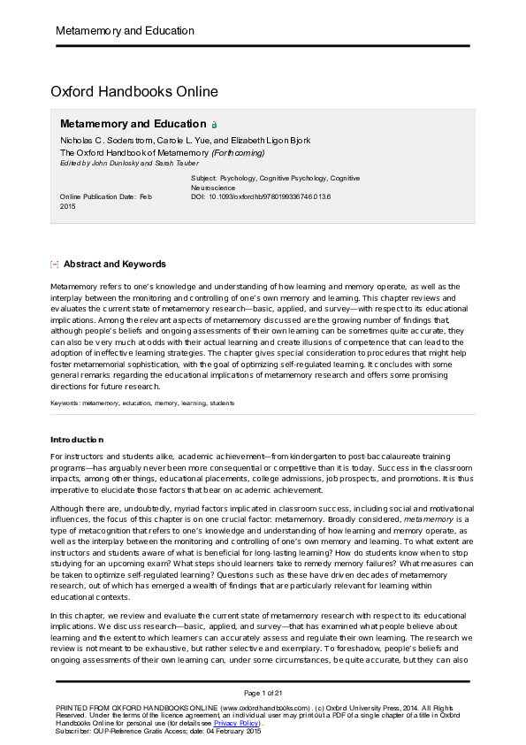 (PDF) Metamemory and Education