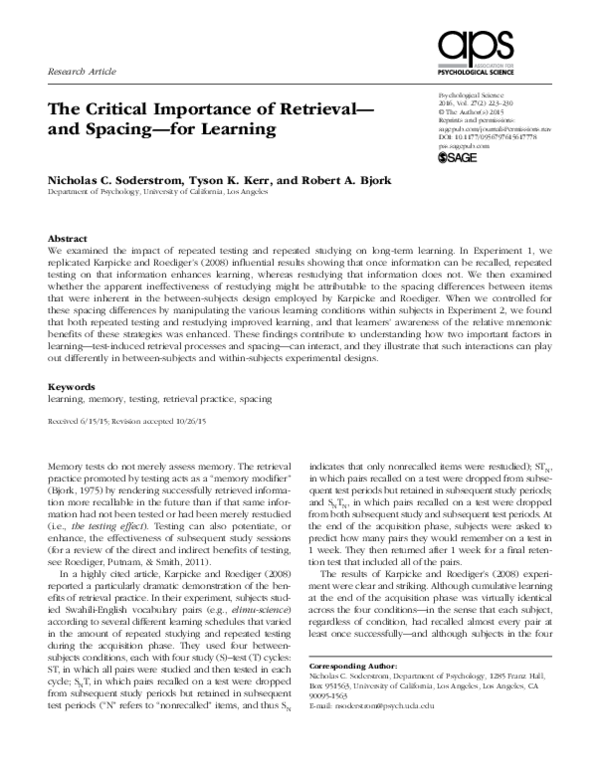 (PDF) The Critical Importance of Retrieval-and Spacing-for Learning