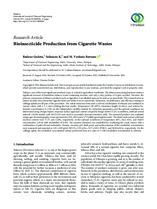 (PDF) Bioinsecticide Production from Cigarette Wastes