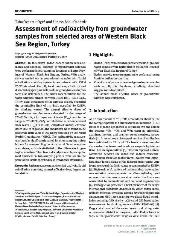 (PDF) Assessment of radioactivity from groundwater samples from ...