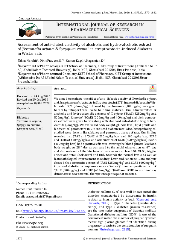 (PDF) Assessment of anti-diabetic activity of alcoholic and hydro ...