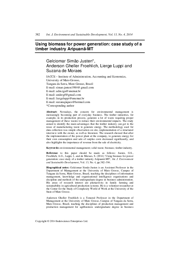 (PDF) Using biomass for power generation: case study of a timber industry Aripuanã-MT