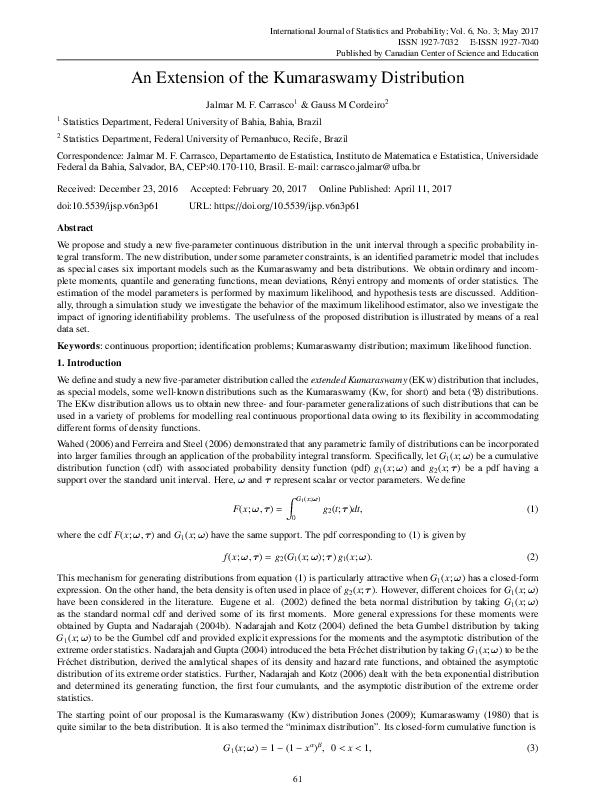 (PDF) An Extension of the Kumaraswamy Distribution