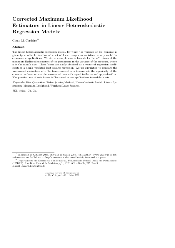 Pdf Corrected Maximum Likelihood Estimators In Linear Heteroskedastic Regression Models 4072