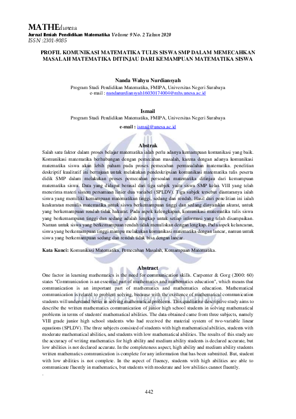 (PDF) Profil Komunikasi Matematika Tulis Siswa SMP Dalam Memecahkan Masalah Matematika Ditinjau ...