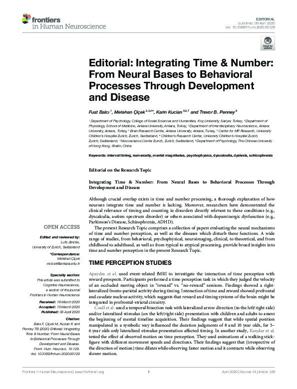 Pdf Editorial Integrating Time And Number From Neural Bases To