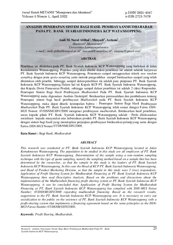 (PDF) ANALISIS PENERAPAN SISTEM BAGI HASIL PEMBIAYAAN MUDHARABAH PADA PT. BANK SYARIAH INDONESIA ...