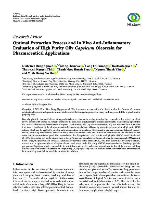 (PDF) Optimal Extraction Process and In Vivo Anti-Inflammatory ...