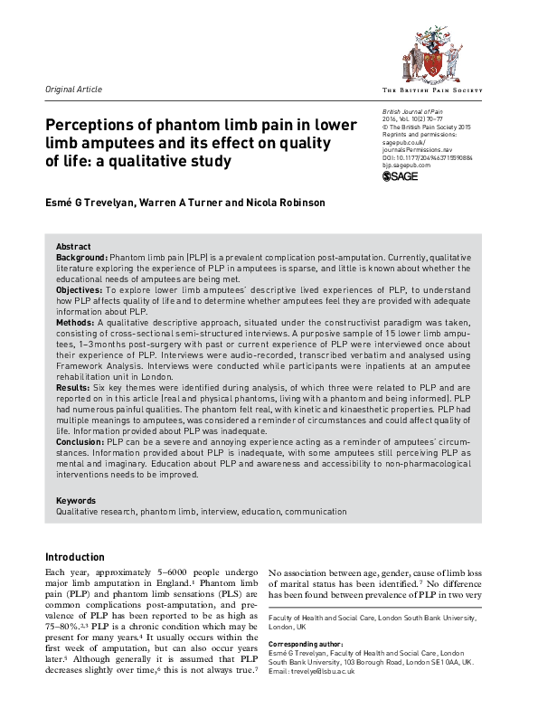 (PDF) Perceptions of phantom limb pain in lower limb amputees and its ...