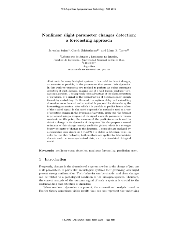 (PDF) Nonlinear slight parameter changes detection: a forecasting approach