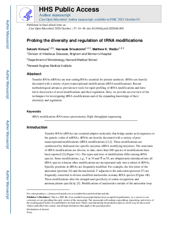 (PDF) Probing the diversity and regulation of tRNA modifications ...