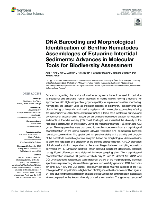 (PDF) DNA Barcoding and Morphological Identification of Benthic Nematodes Assemblages of ...