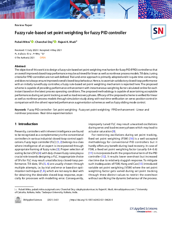 (PDF) Fuzzy rule-based set point weighting for fuzzy PID controller (PDF) Fuzzy rule-based set point weighting for fuzzy PID controller